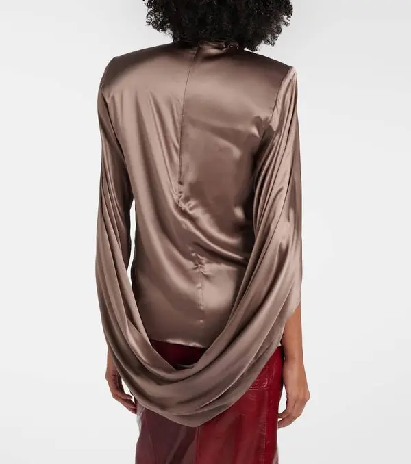 MUGLER Draped Silk-blend Satin Top - Brown