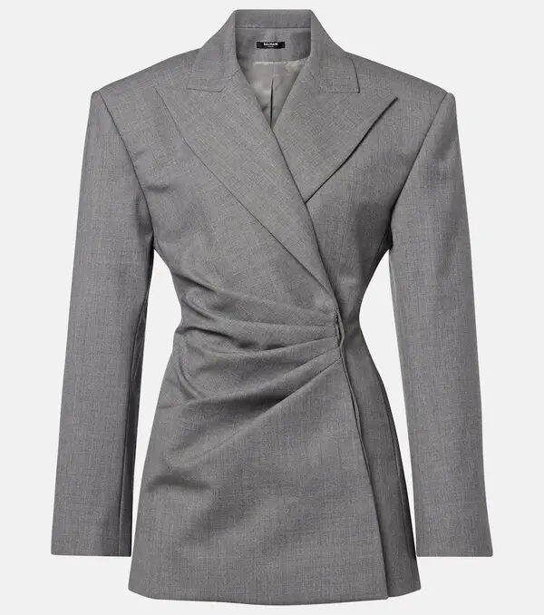 Balmain Draped Virgin Wool Blazer Dress - Grey