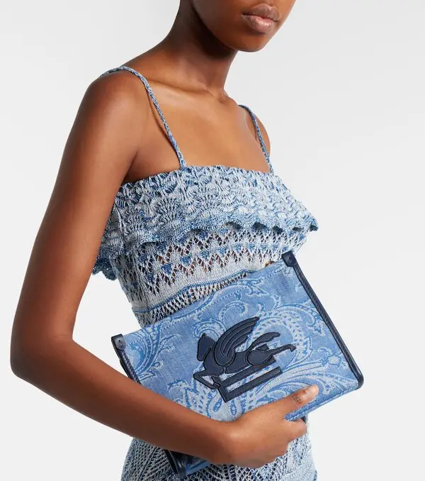 Etro Eyes Mini Embroidered Denim Jacquard Pouch - Blue