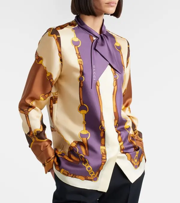 Gucci Printed Tie-neck Silk Twill Blouse