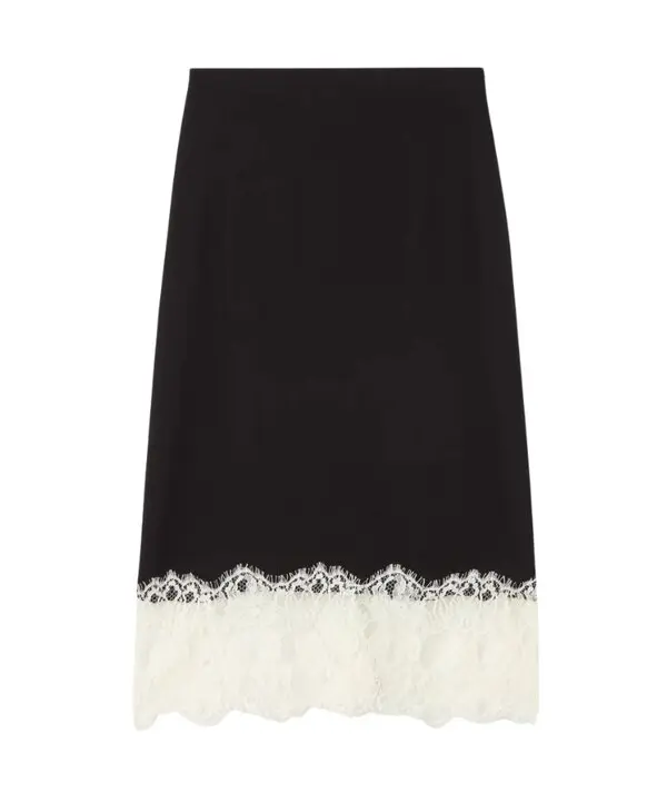 GWYN Silk Slip Skirt With Lace Detail - Black