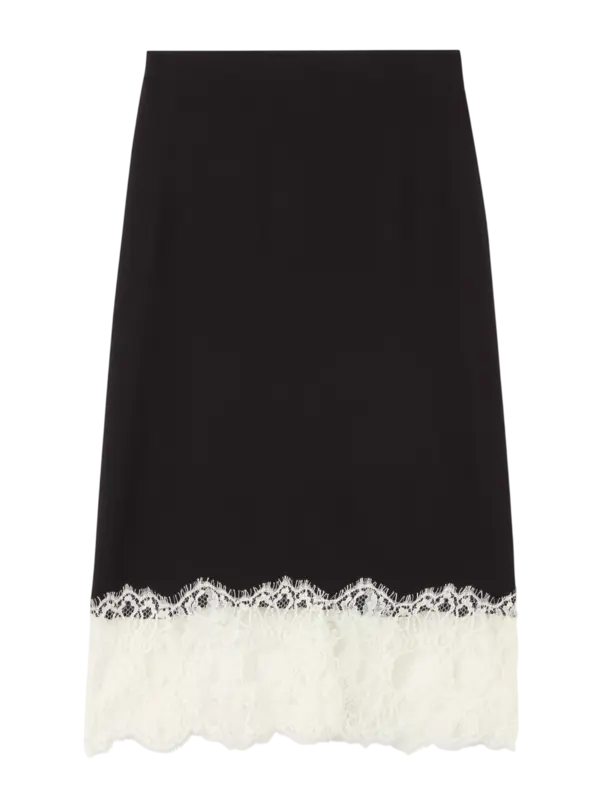 GWYN Silk Slip Skirt With Lace Detail - Black