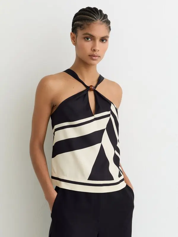 REISS Caris Scarf-print Tie-back Top - Black/white