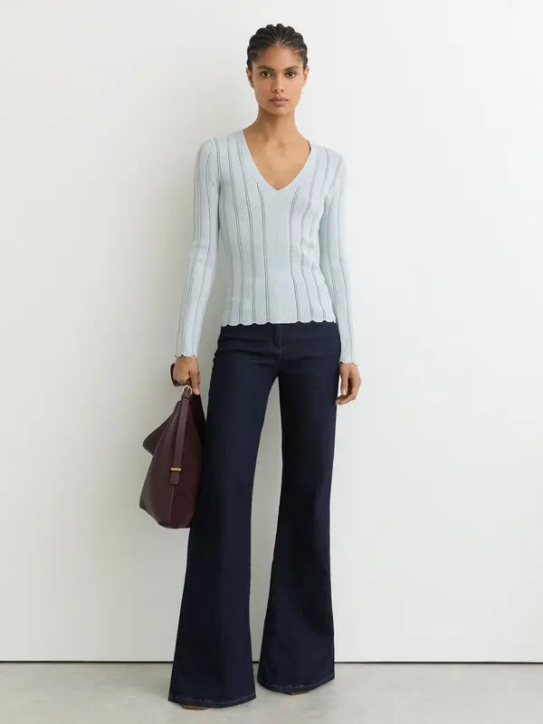 REISS Loui Open-stitch V-neck Jumper - Pale Blue