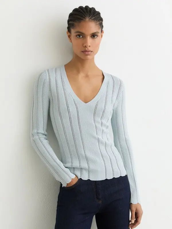 REISS Loui Open-stitch V-neck Jumper - Pale Blue