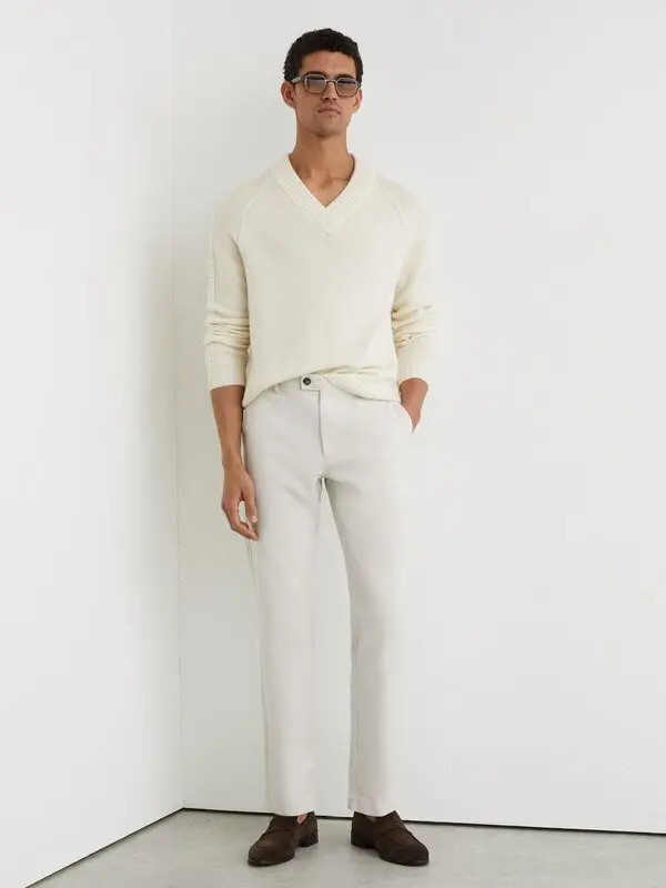 REISS Dobby Cotton Pique Chino Trousers - Off White