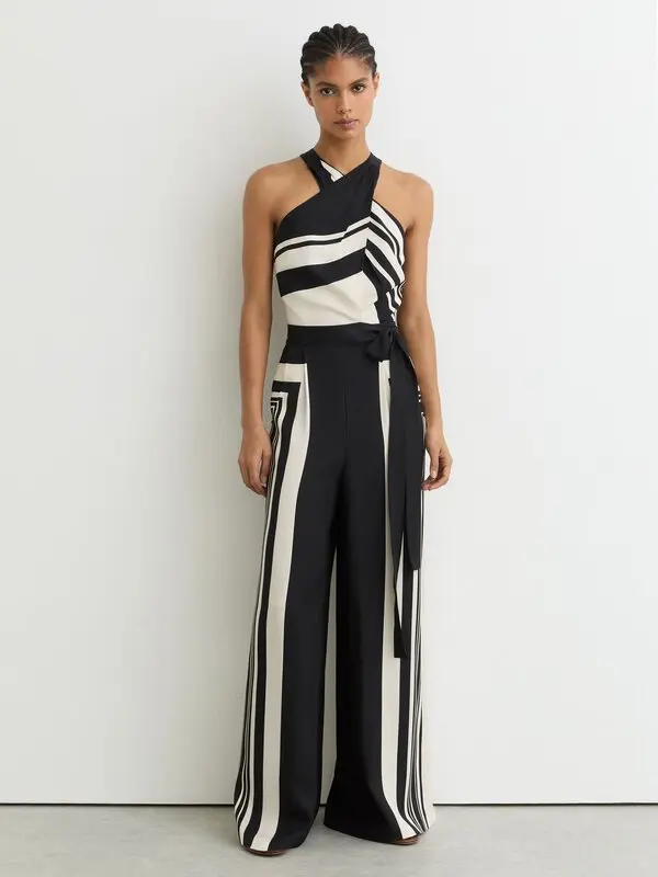 REISS Scarf-print Belted Wide-leg Jumpsuit - Black/ivory