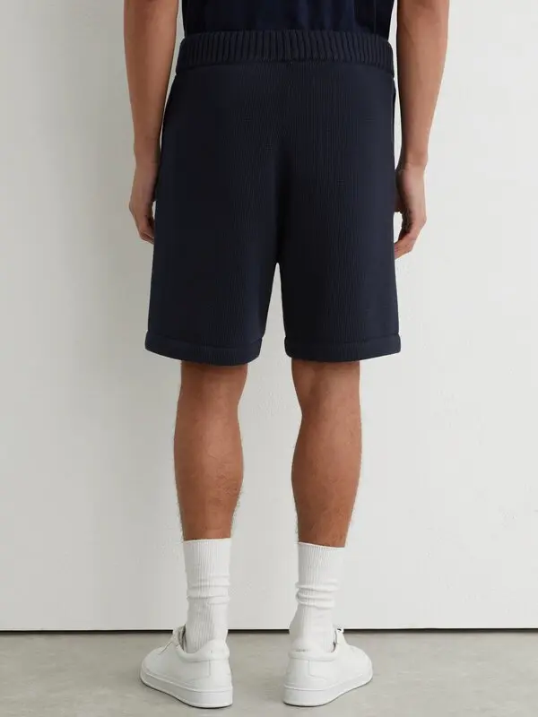 REISS Relaxed Knit Shorts With Monogram Embroidery - Navy