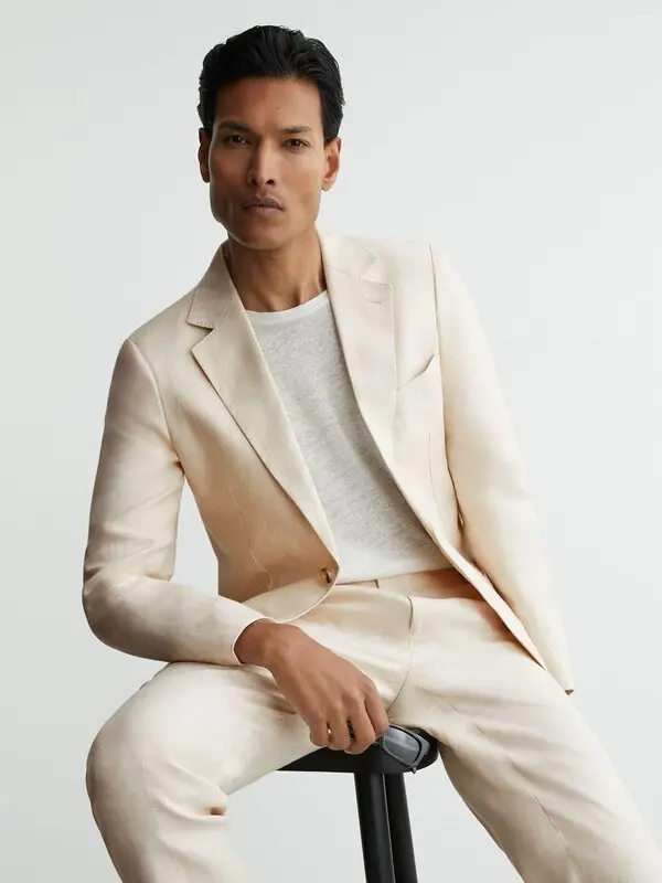 REISS Atlantic Tailored Fit Linen-twill Single-breasted Blazer Tailored-fit - Stone