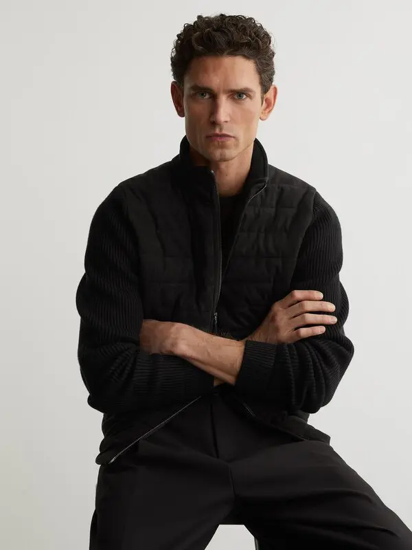 REISS Bram Quilted Hybrid Zip-through Jacket - Black