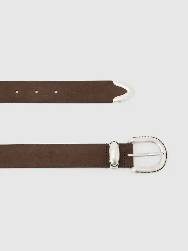 REISS Suede Western Belt - Chocolate Brown