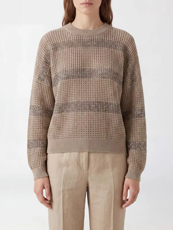 Brunello Cucinelli Striped Mesh Knit Sweater - Grey
