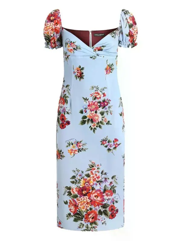 Dolce & Gabbana Floral-print Puff-sleeve Midi Dress - Blue