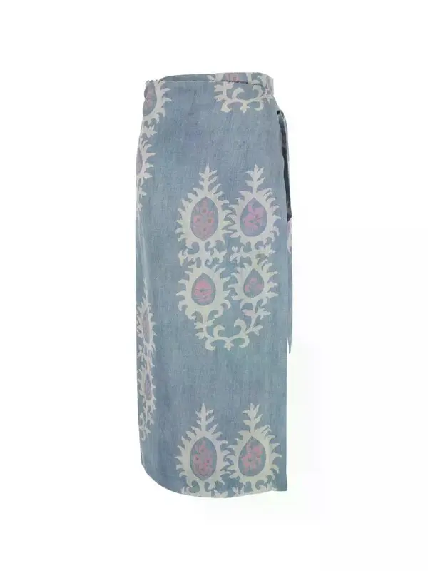 BAZAR DELUXE Floral Print Tie Linen Skirt - Blue