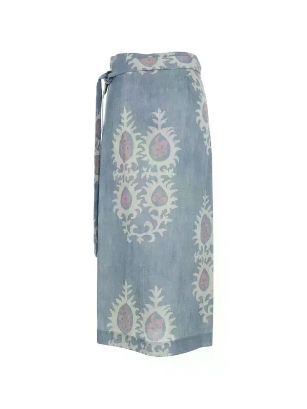 BAZAR DELUXE Floral Print Tie Linen Skirt - Blue