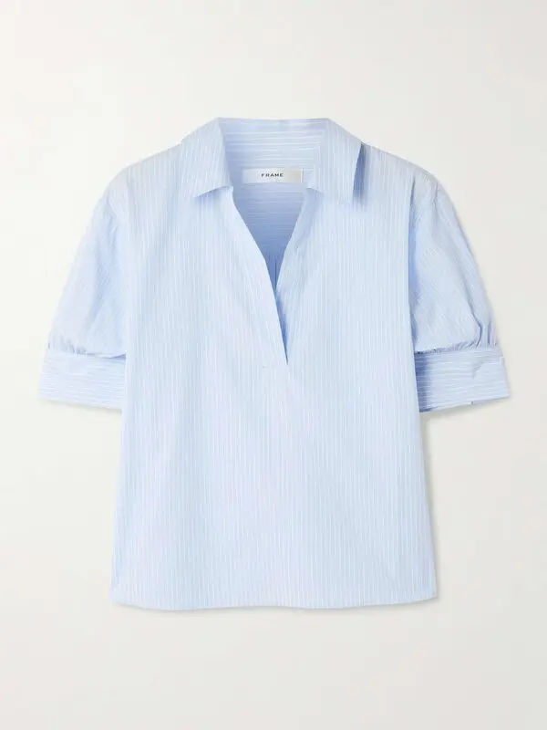 FRAME The Striped Popover Cotton-poplin Blouse - Blue