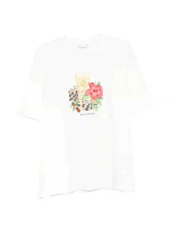 Drole De Monsieur Hibiscus Club Floral-print T-shirt - White
