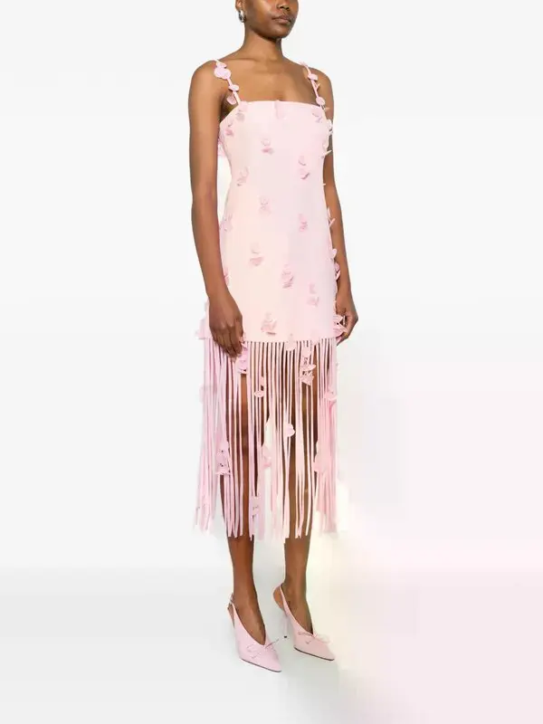 pink fringe midi dress V Neck Fringe Pleated Midi Dress - Shocking Pink