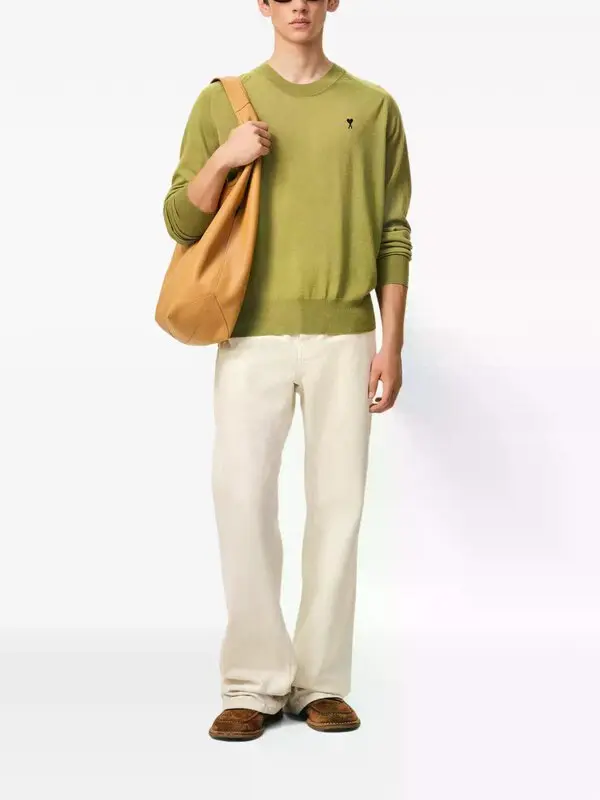 Ami Extrafine Merino Wool Crewneck Sweater With De Coeur Embroidery - Green