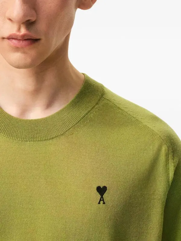 Ami Extrafine Merino Wool Crewneck Sweater With De Coeur Embroidery - Green