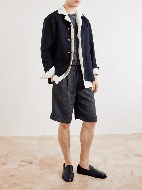 Barena Venezia Scandola Simodo Straight-leg Pleated Linen-blend Gabardine Shorts - Gray