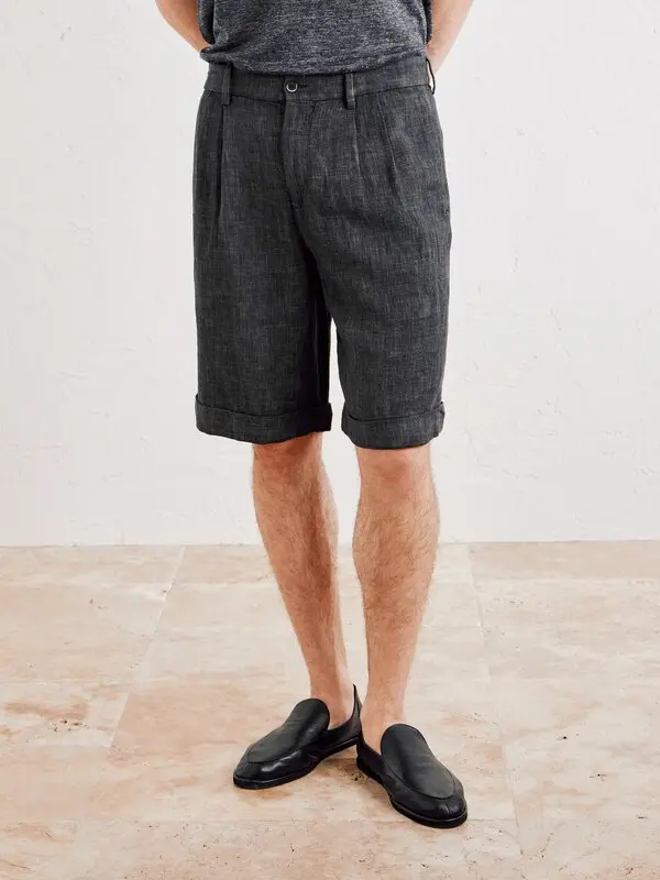 Barena Venezia Scandola Simodo Straight-leg Pleated Linen-blend Gabardine Shorts - Gray