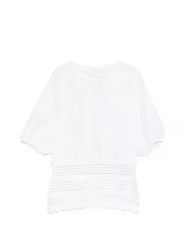 GENNY Scallop-trim Knit Sweater - White