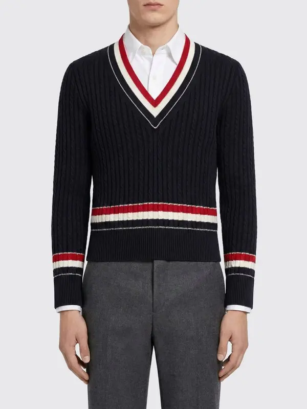 Thom Browne Cotton V-neck Jumper - Navy