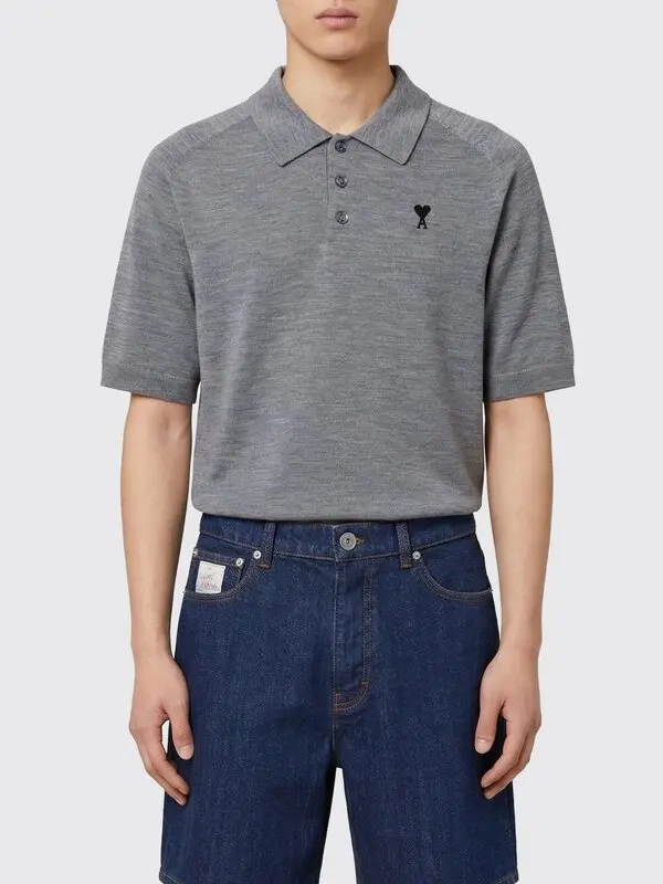 AMI Paris Knitted Wool Polo Shirt - Grey