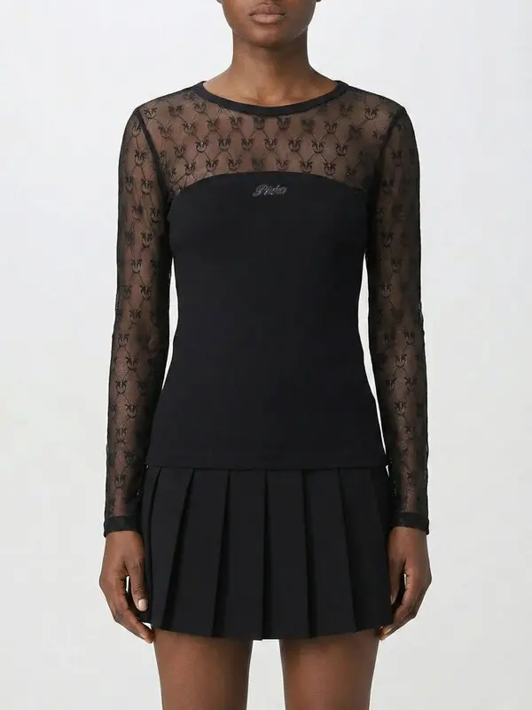 Pinko Long-sleeve T-shirt With All-over Logo Tulle Inserts