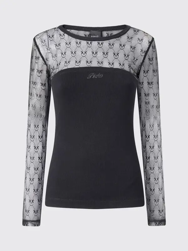 Pinko Long-sleeve T-shirt With All-over Logo Tulle Inserts