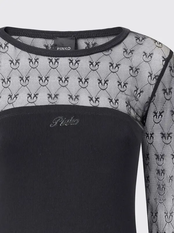 Pinko Long-sleeve T-shirt With All-over Logo Tulle Inserts