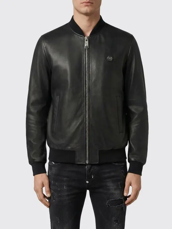 Philipp Plein Leather Bomber Jacket - Black