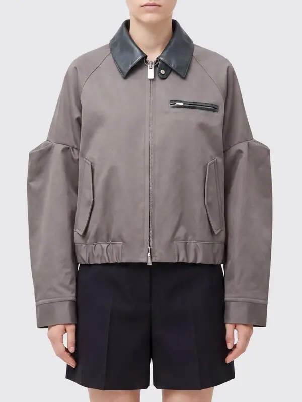 Sacai Short Cotton Shirt Jacket With Leather Collar - Grey