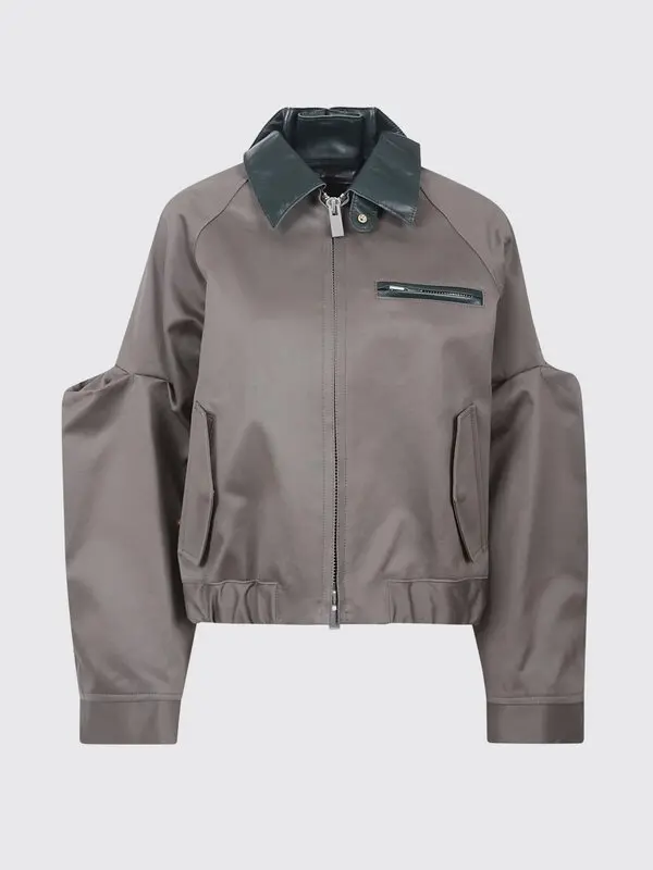 Sacai Short Cotton Shirt Jacket With Leather Collar - Grey