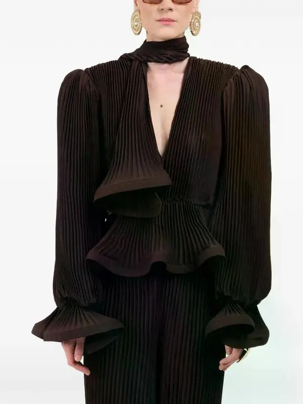 ROWEN ROSE Pleated Puffy Blouse - Brown