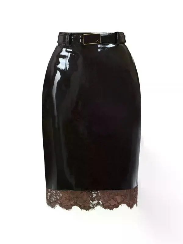 ROWEN ROSE Lace Vinyl Midi Skirt - Brown