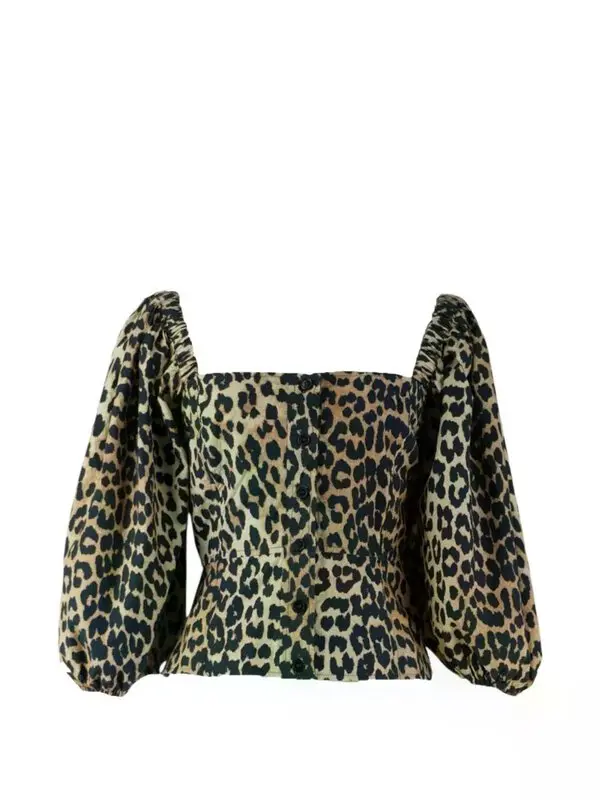GANNI Leopard-print Puff-sleeved Top - Neutrals