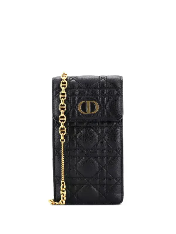 Dior Caro Phone Holder With Chain Cannage Quilt Calfskin Crossbody Bag - Black
