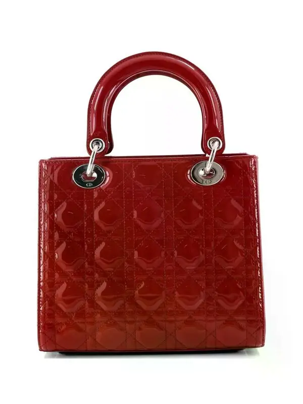 Dior Lady Nm Medium Satchel Cannage Quilt Patent - Red