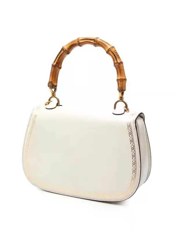 Gucci Calfskin Frame Print Bamboo Top Handle Bag In White