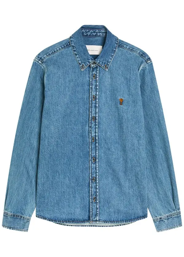 AMI Paris Logo-embroidered Denim Shirt - Blue
