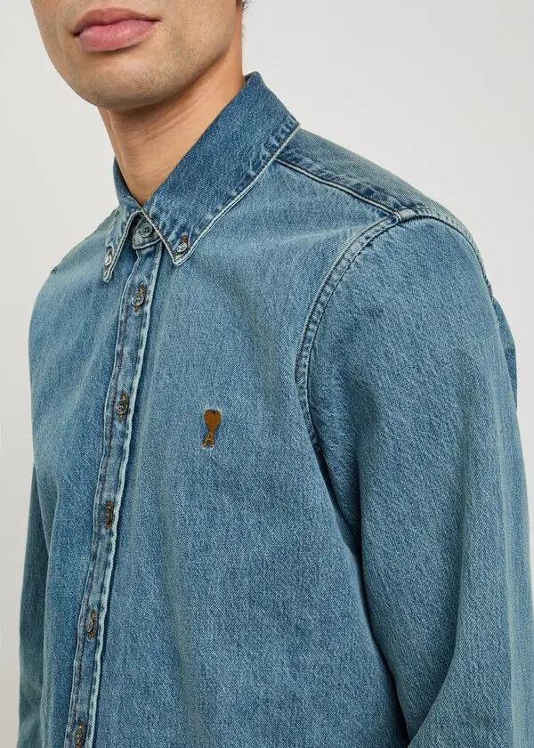 AMI Paris Logo-embroidered Denim Shirt - Blue