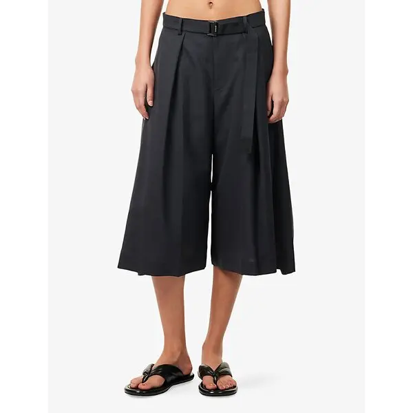 Sacai Pleated Wide-leg Cropped Trousers - Gray