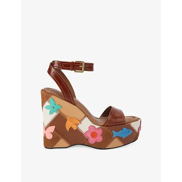 Kurt Geiger Patchwork Leather Platform Wedge Sandals - Brown/oth