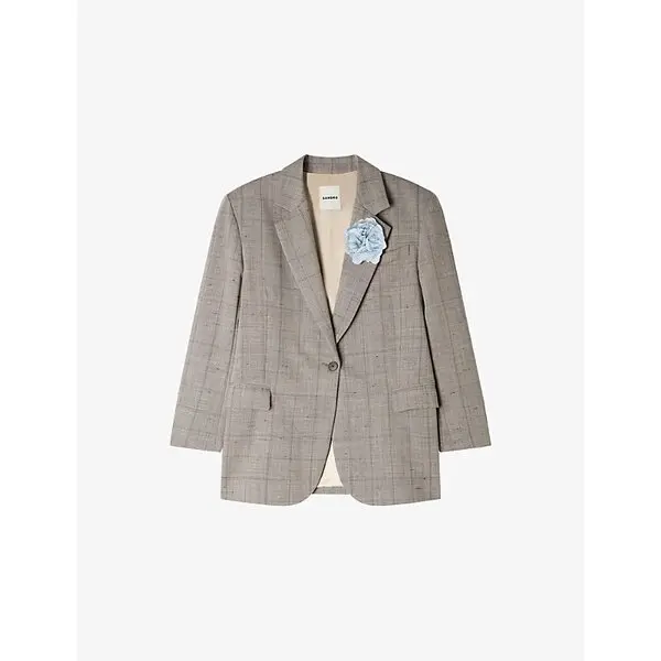 Sandro Wool-blend Checked Jacket With Flower Brooch