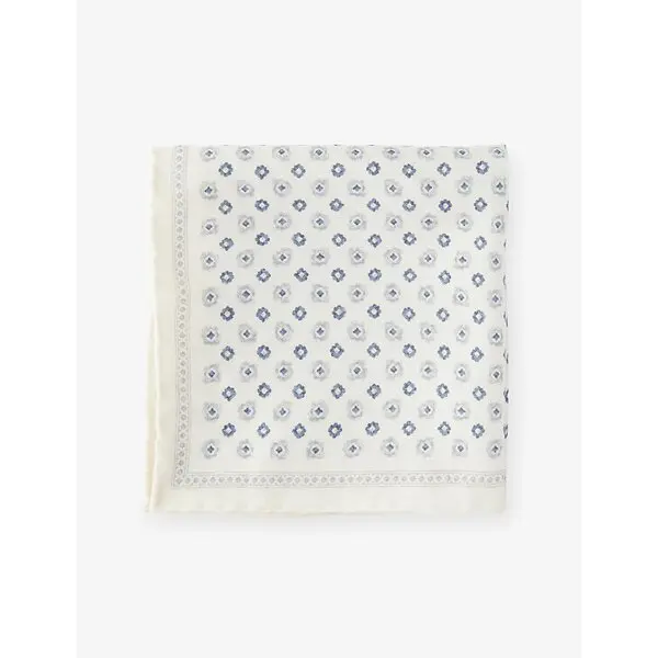 Eleventy Flower And Geometric Print Wool And Cotton Pocket Square - Avorio E Denim
