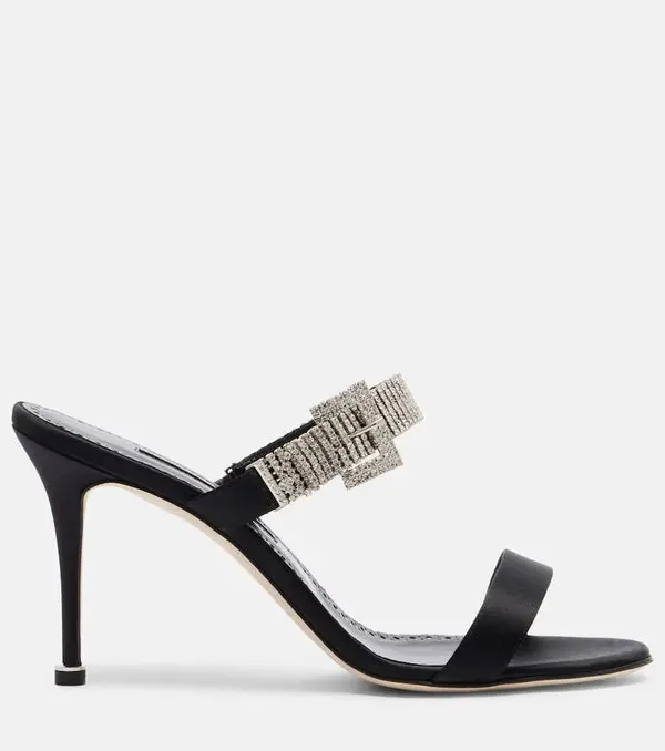 Manolo Blahnik Fibolta 90 Embellished Satin Mules - Black