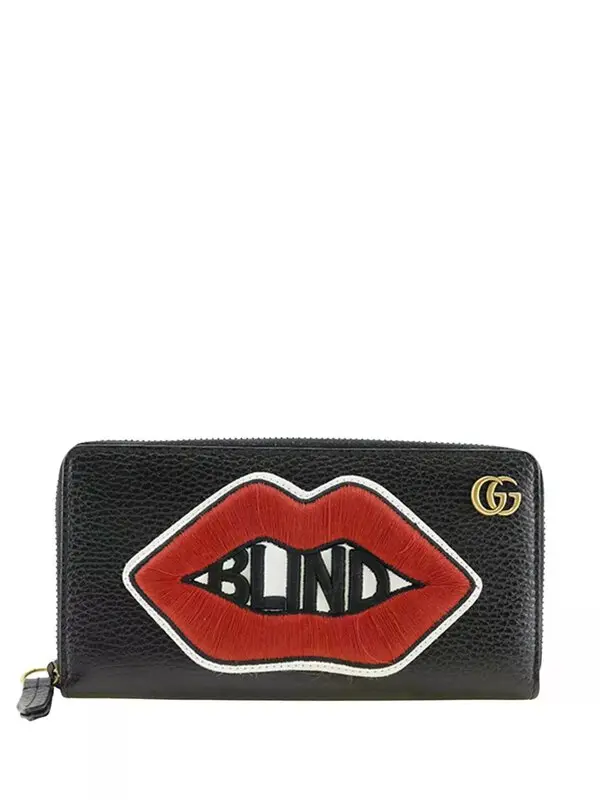 Gucci 2016-2026 Gg Marmont Pebbled Calfskin Embroidered Blind For Love Zip Around Wallet Long Wallets - Black