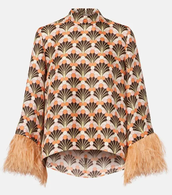 La DoubleJ Feather-trimmed Silk Twill Top - Multicoloured